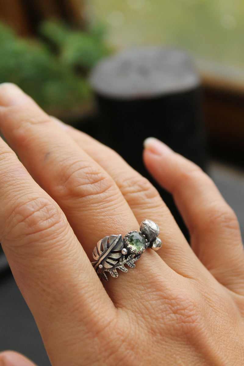 Monstera and mushrooms ring Silver botanical agate moss ring – Ursula ...