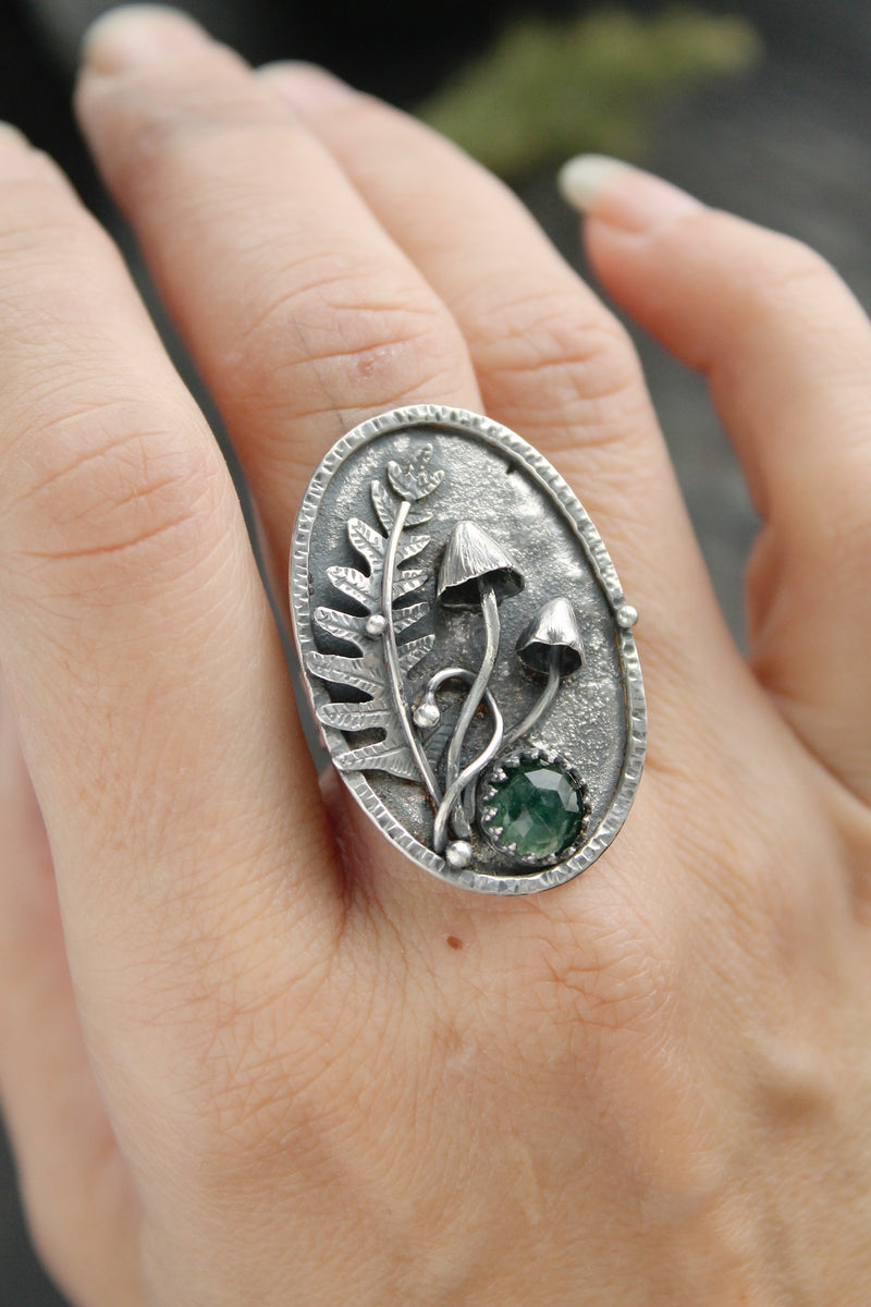 Mushroom and fern ring Silver organic large ring Botanical jewelry ...