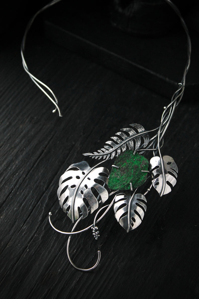 Monstera necklace with uvarovite Sterling silver open necklace Stateme ...